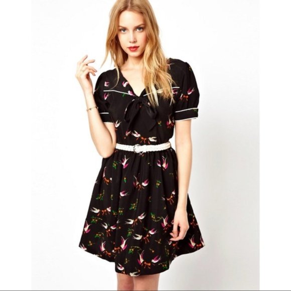 trollied dolly | Dresses | Trollied Dolly Bird Pattern Black Bow Dress ...